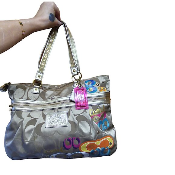 Coach | Bags | Coach Poppy Signature Glam Tote Bag Glitter Strap 2 Tags ...